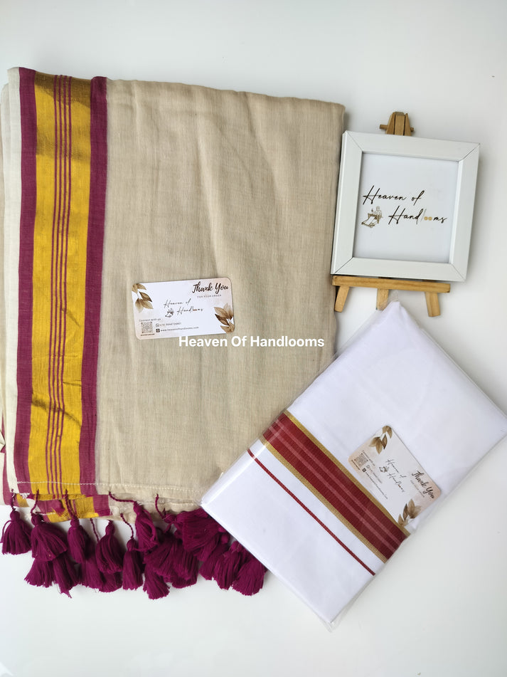 Onam vishu saree and dhoti- cream with violet and Golden line – Heaven ...