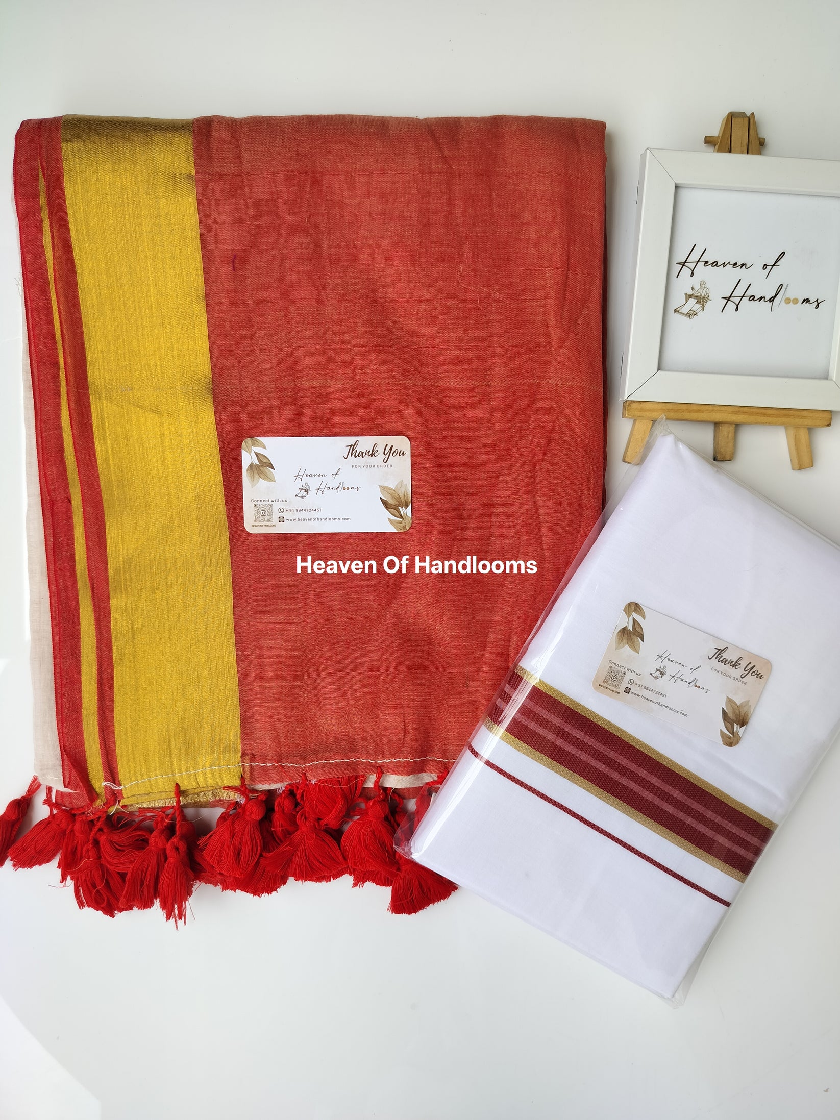 Onam vishu saree and dhoti- red with Golden line – Heaven Of Handlooms